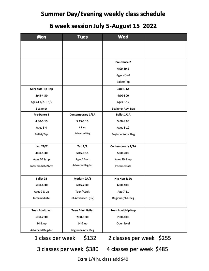 Summer Schedule | ContempraDance School